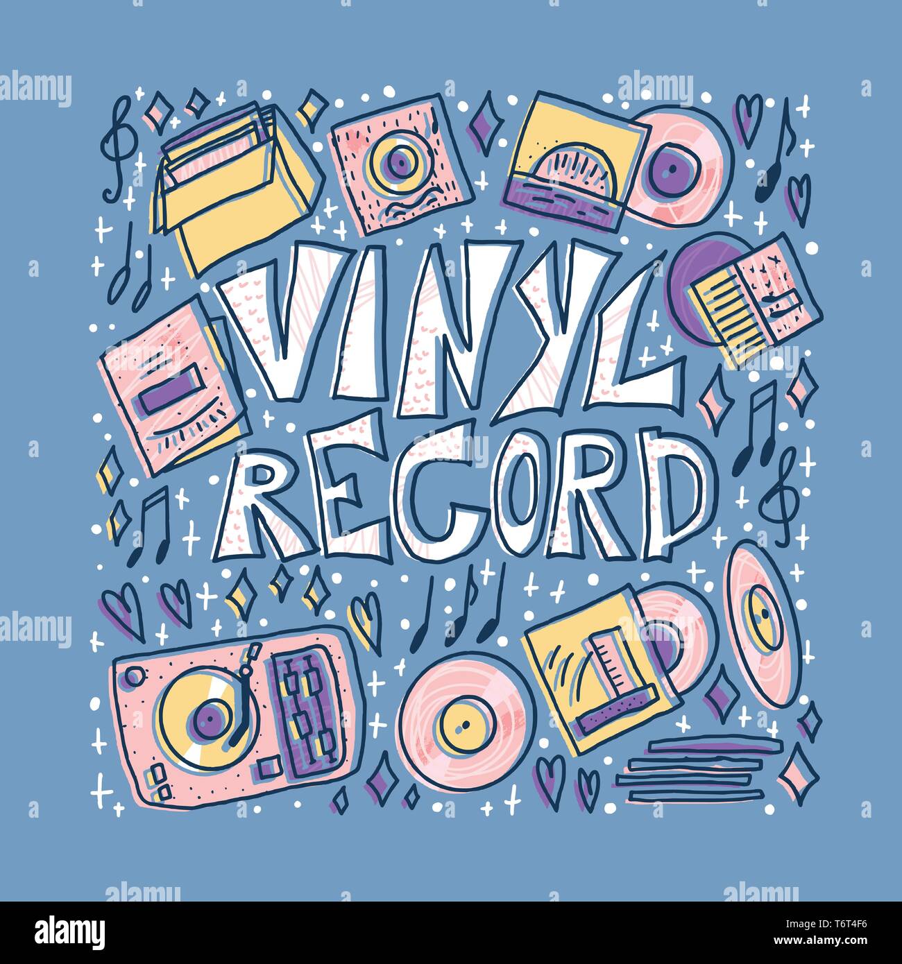 Vinyl record poster with text and symbols in doodle style. Vector color ...