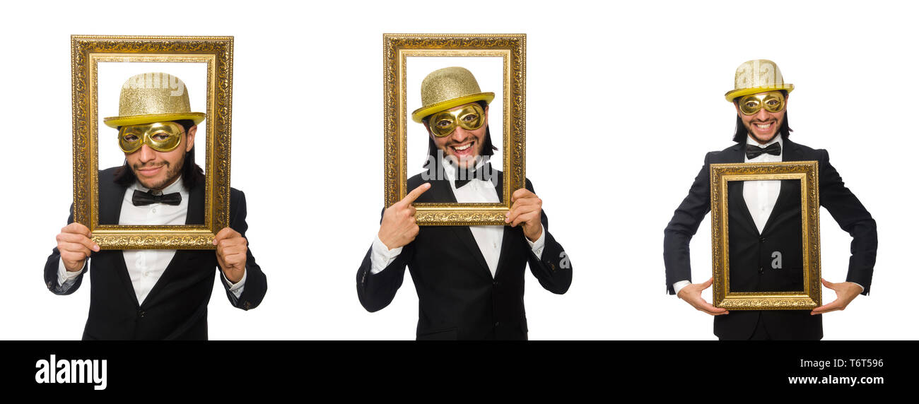 Funny man with picture frame on white Stock Photo - Alamy