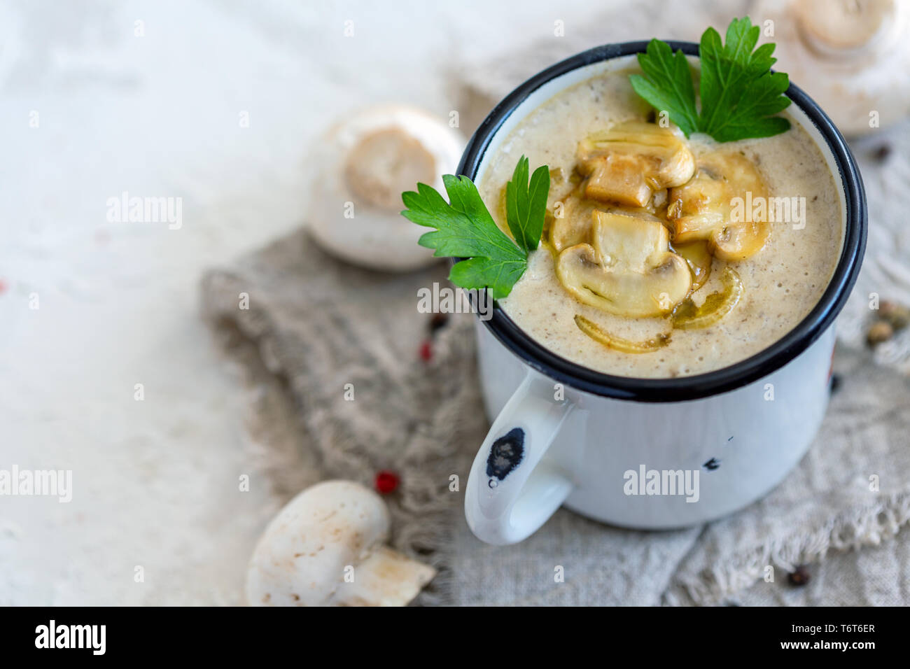 Homemade mushroom soup puree with fried mushrooms Stock Photo - Alamy