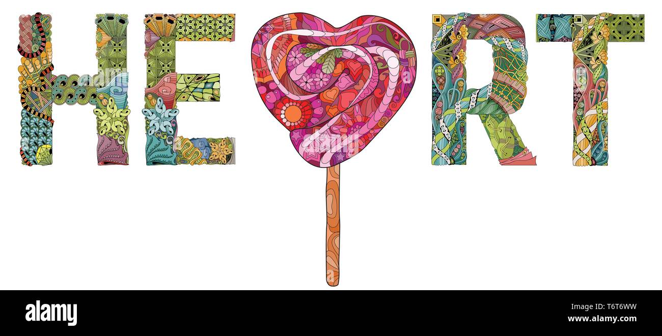 Hand-painted art design. Hand drawn illustration word HEART with candy ...