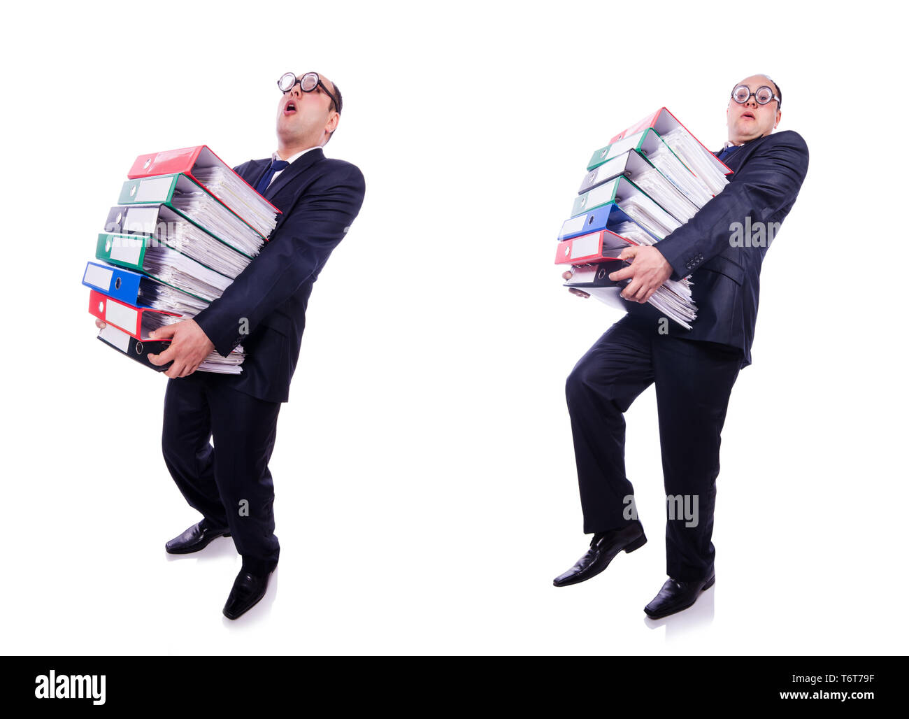 Funny man with lots of folders on white Stock Photo - Alamy