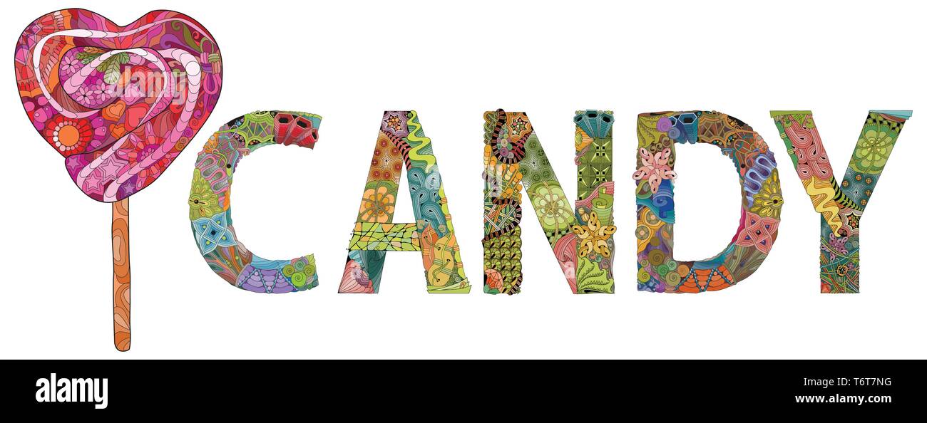 Hand-painted art design. Hand drawn illustration word CANDY with ...