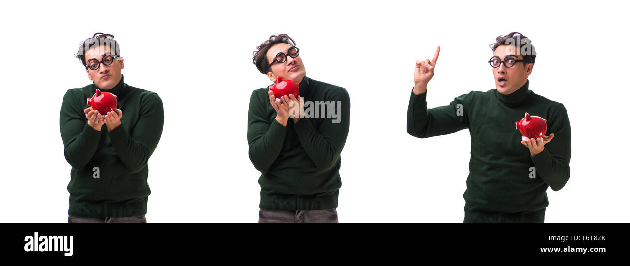 Nerd young man with piggybank isolated on white Stock Photo - Alamy