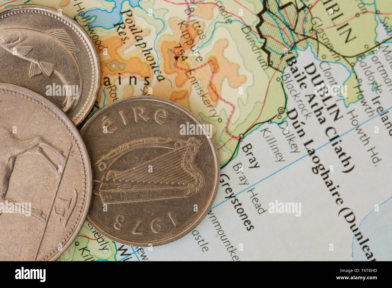 Irish coins and map of Ireland Stock Photo - Alamy