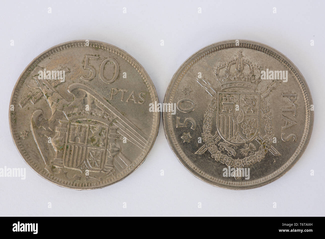 Spain coins - contrast in 50 Pesetas Stock Photo - Alamy