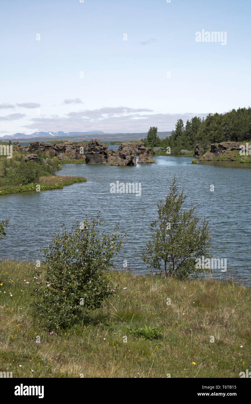 Volcanic rock outcrops in bay of Myvatn Iceland July 2009 Stock Photo ...