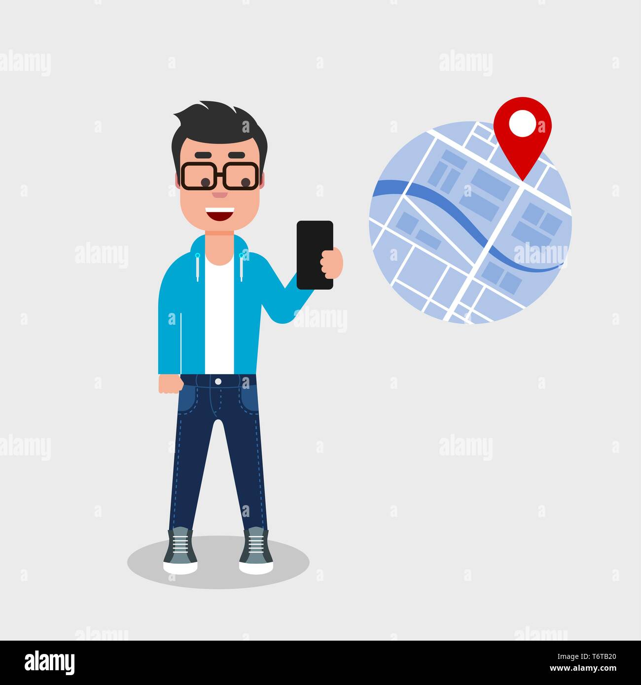 Young man holding phone using navigation. Searching point on the map ...