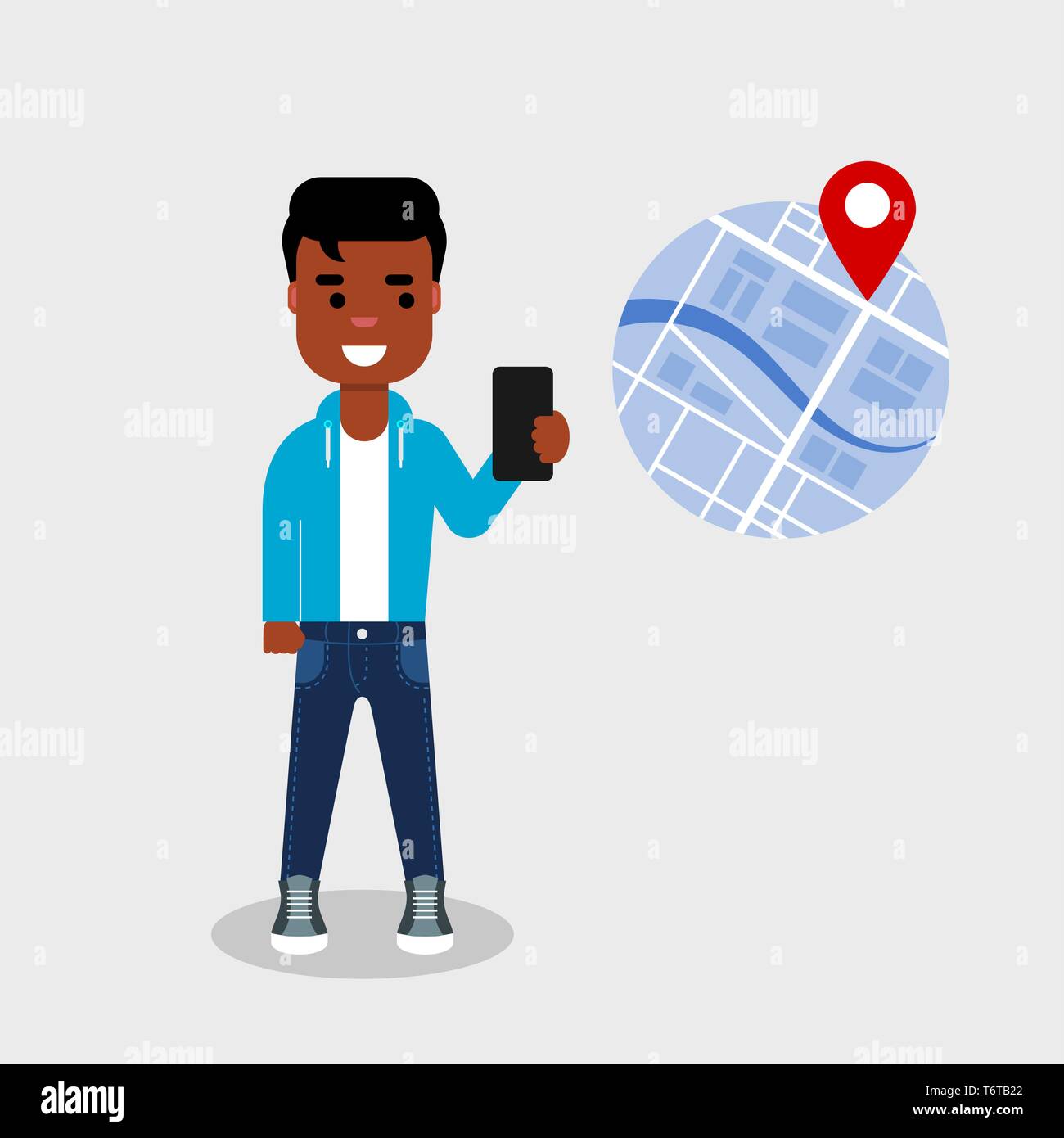 Young African American holding phone using navigation. Searching point ...