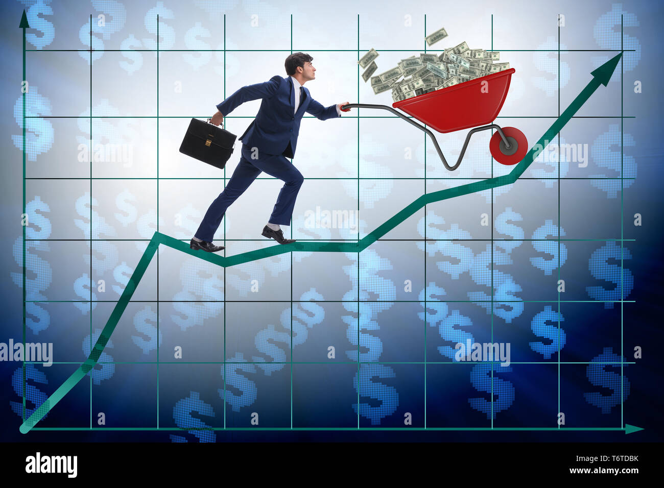 Businessman pushing wheelbarrow full of dollar money Stock Photo - Alamy