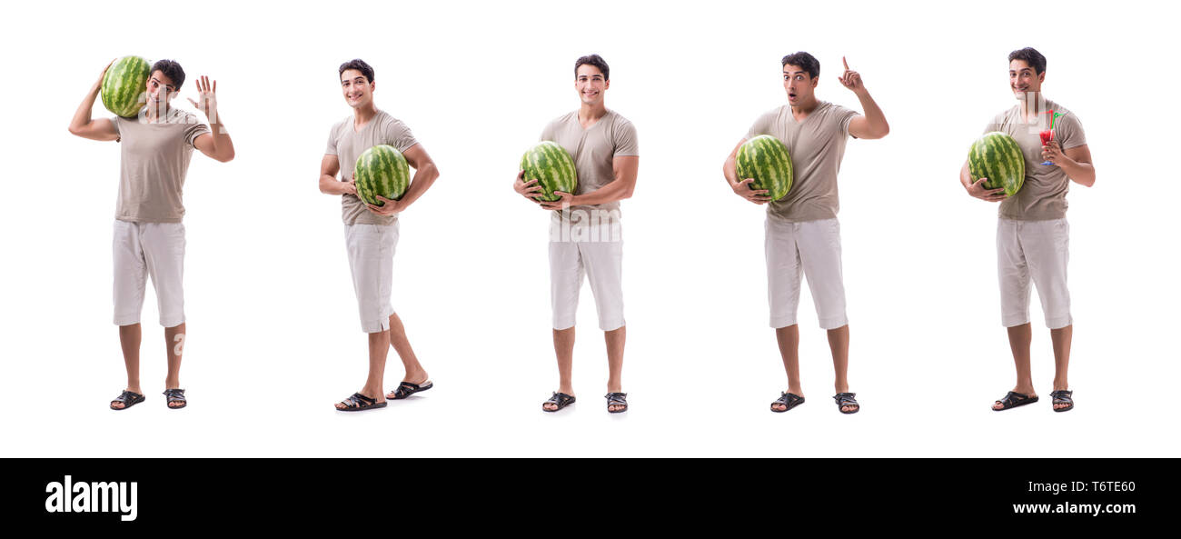 Young man with watermelon isolated on white Stock Photo - Alamy