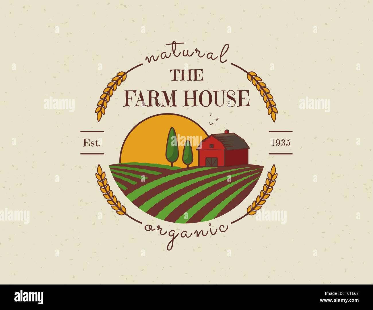 Farm House concept logo. Colored template with farm landscape. Label in ...