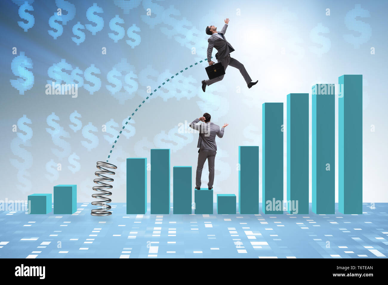 Businessman outperforming his competition jumping over Stock Photo - Alamy