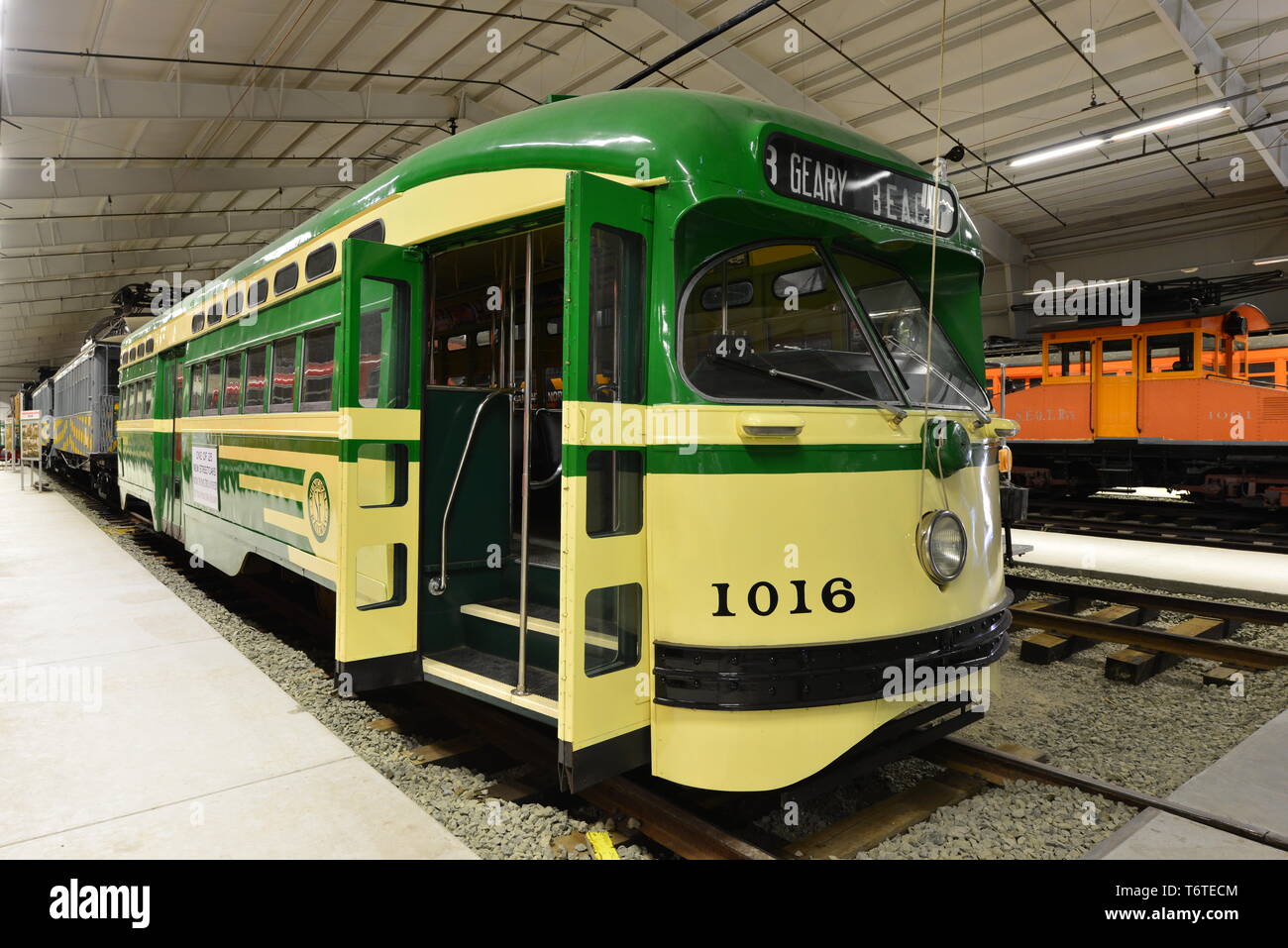 A modern old look train model used in San Francisco Stock Photo - Alamy