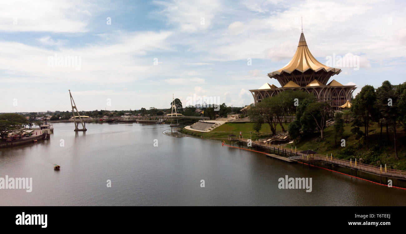 Drone view of Sarawak river and State Legislative Assembly, Kuching ...