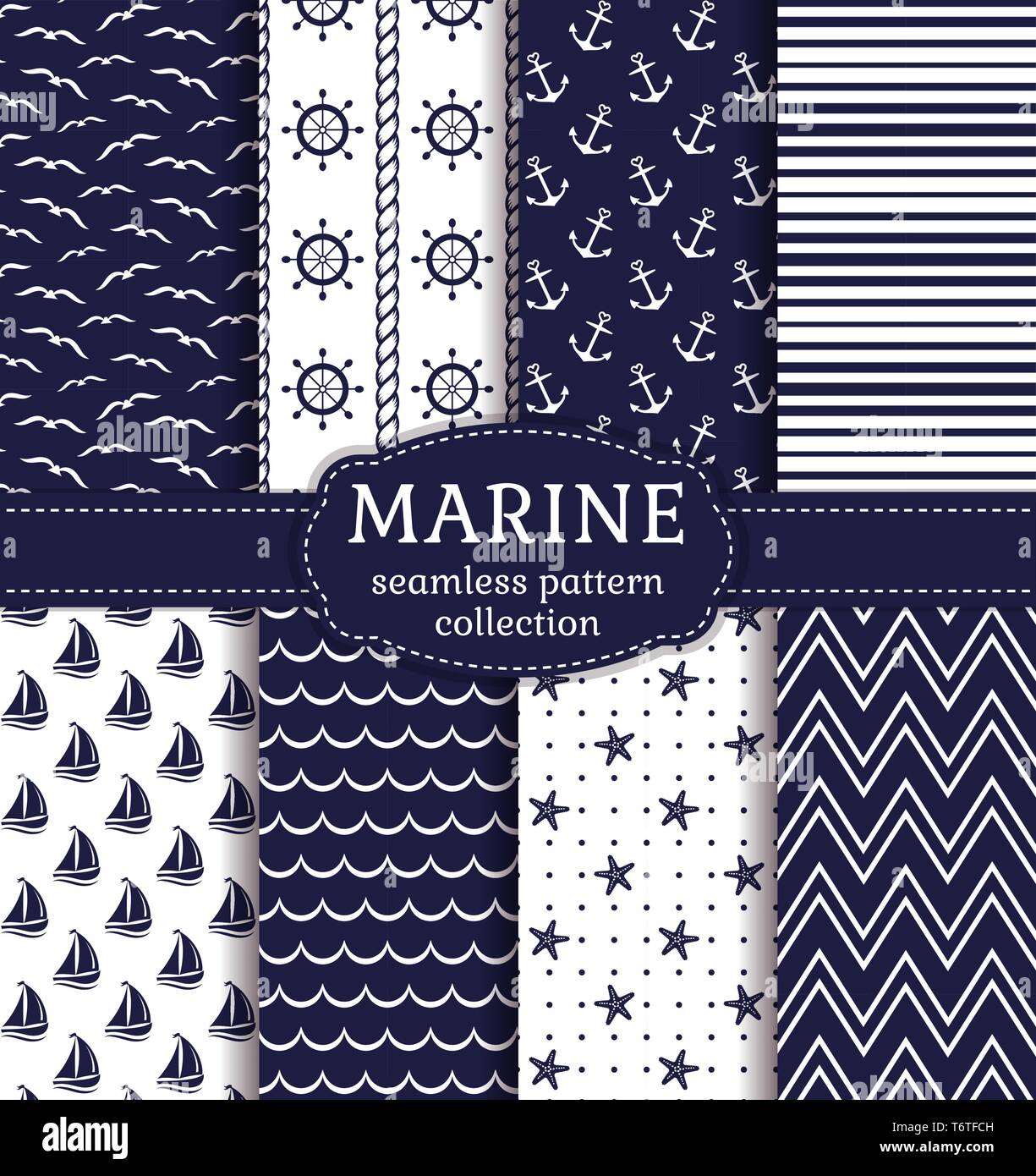 Set of marine and nautical backgrounds in navy blue and white colors ...