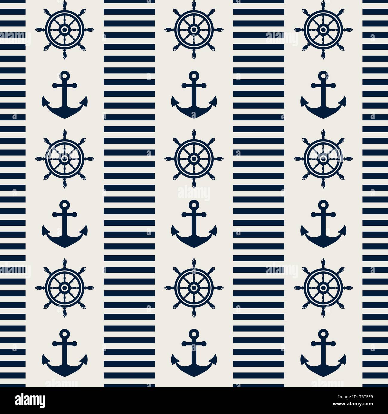 Nautical seamless pattern with steering wheels and anchors. Vector ...