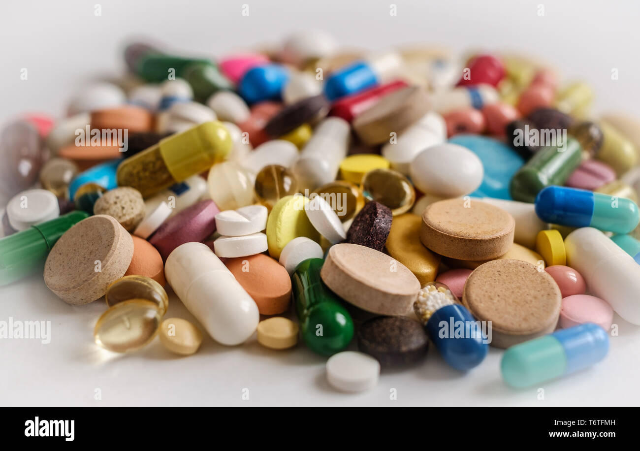 Pharmaceutical different multicolored tablets, capsules, therapy drugs ...
