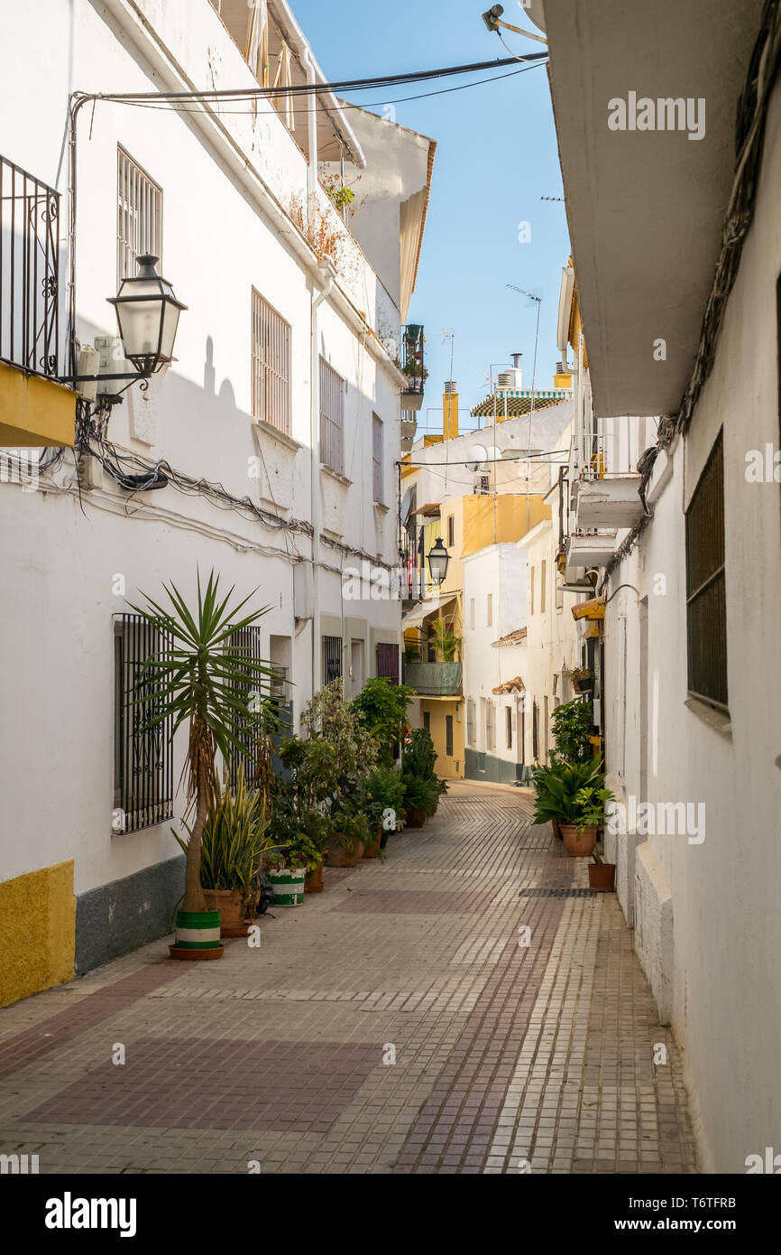 Marbella, Spain - June 27th, 2018. Typical old town street in Marbella ...