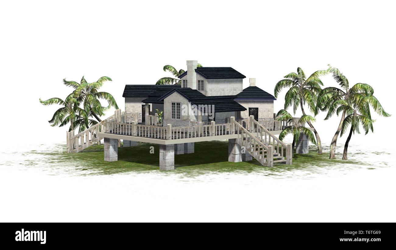 beautiful house with palm trees - isolated on white background Stock ...