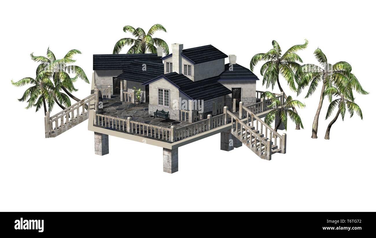 beautiful house with palm trees - isolated on white background Stock ...