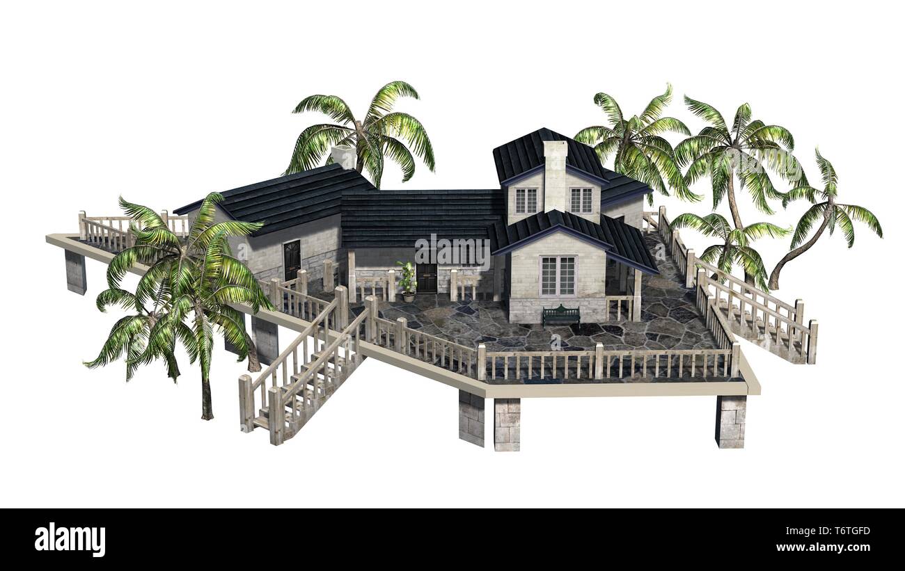 beautiful house with palm trees - isolated on white background Stock ...