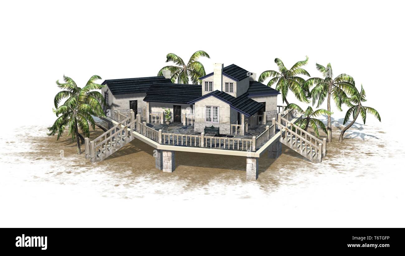 beautiful house with palm trees - isolated on white background Stock ...