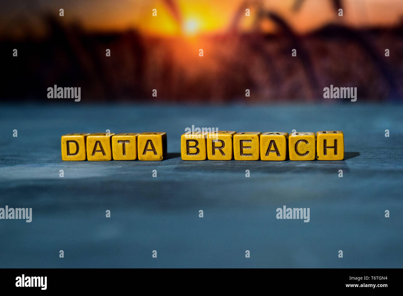 Data breach on wooden blocks. Cross processed image with bokeh ...