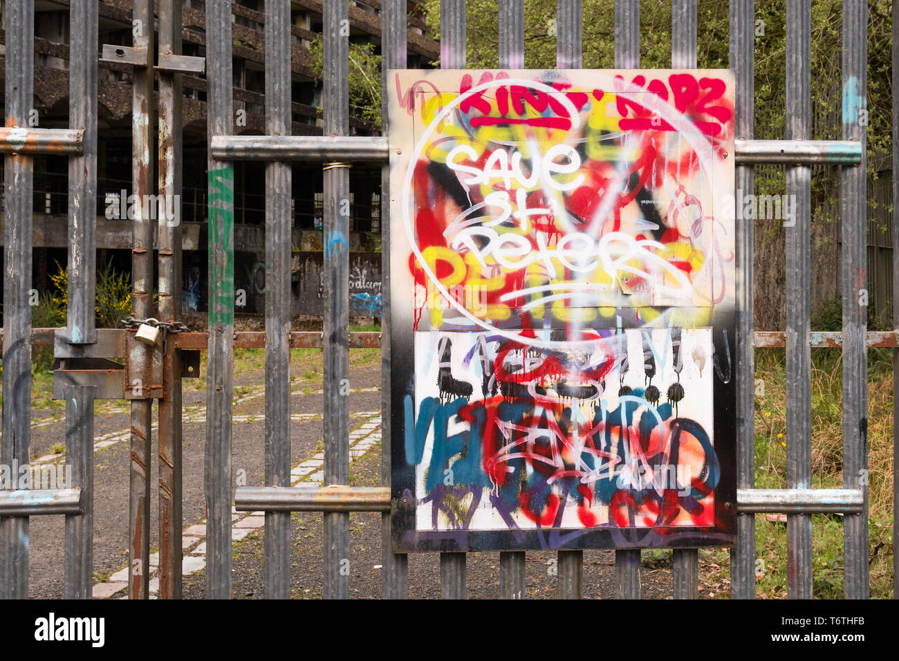 Save St Peters graffiti covered sign outside the abandoned St Peter's ...