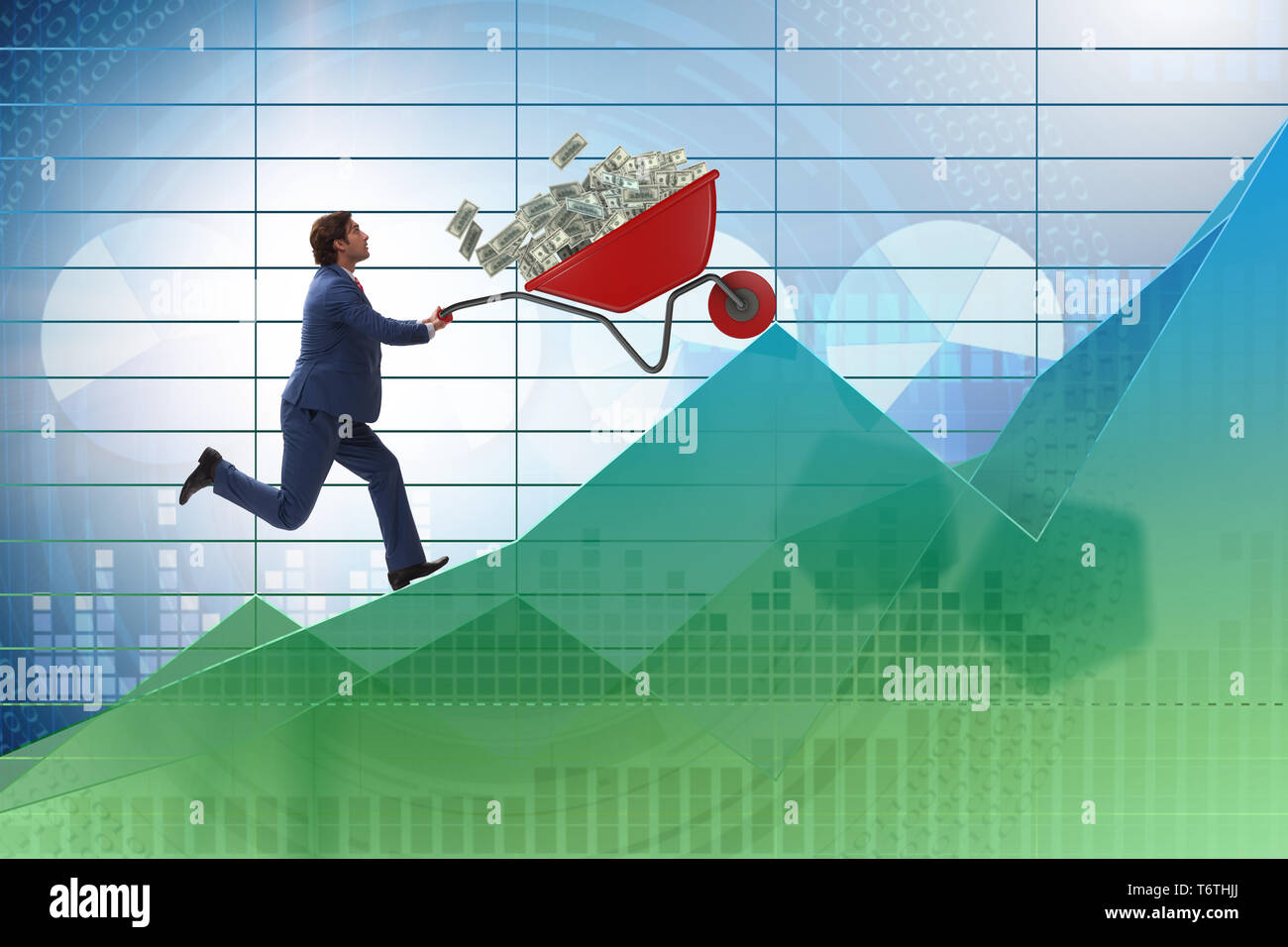 Businessman pushing wheelbarrow full of dollar money Stock Photo - Alamy