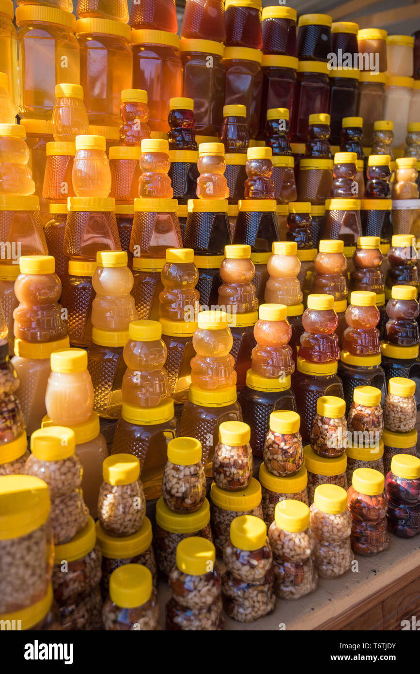 A lot of jars with natural organic honey Stock Photo - Alamy