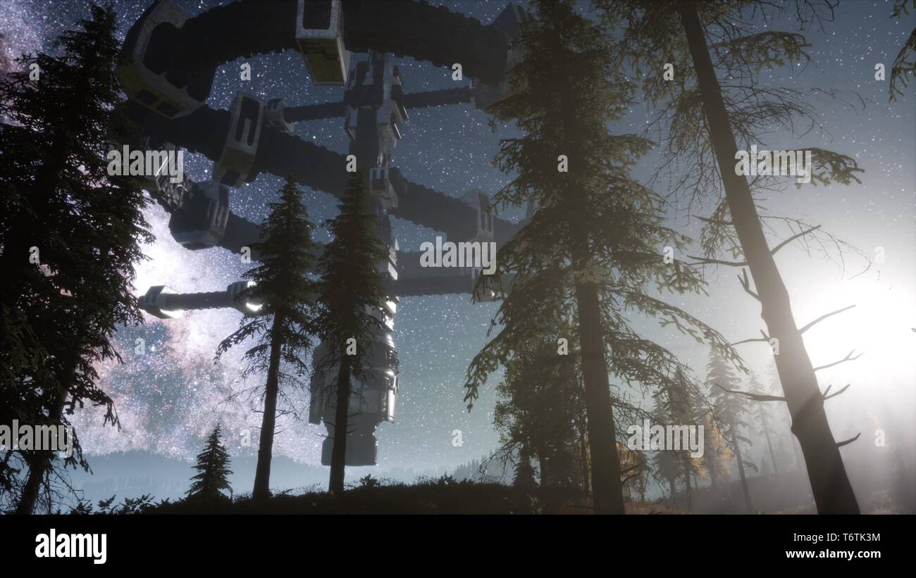 UFO hovering over a forest at night with light beam Stock Photo - Alamy