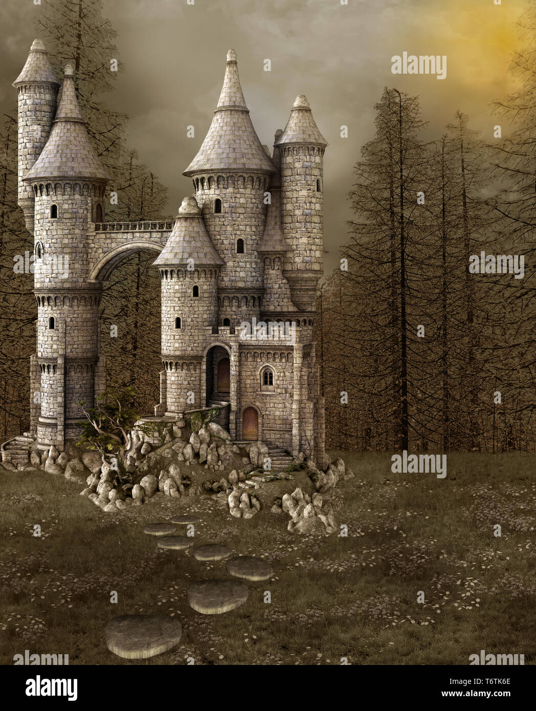 Fairy tale castle in the middle of the fir forest Stock Photo - Alamy