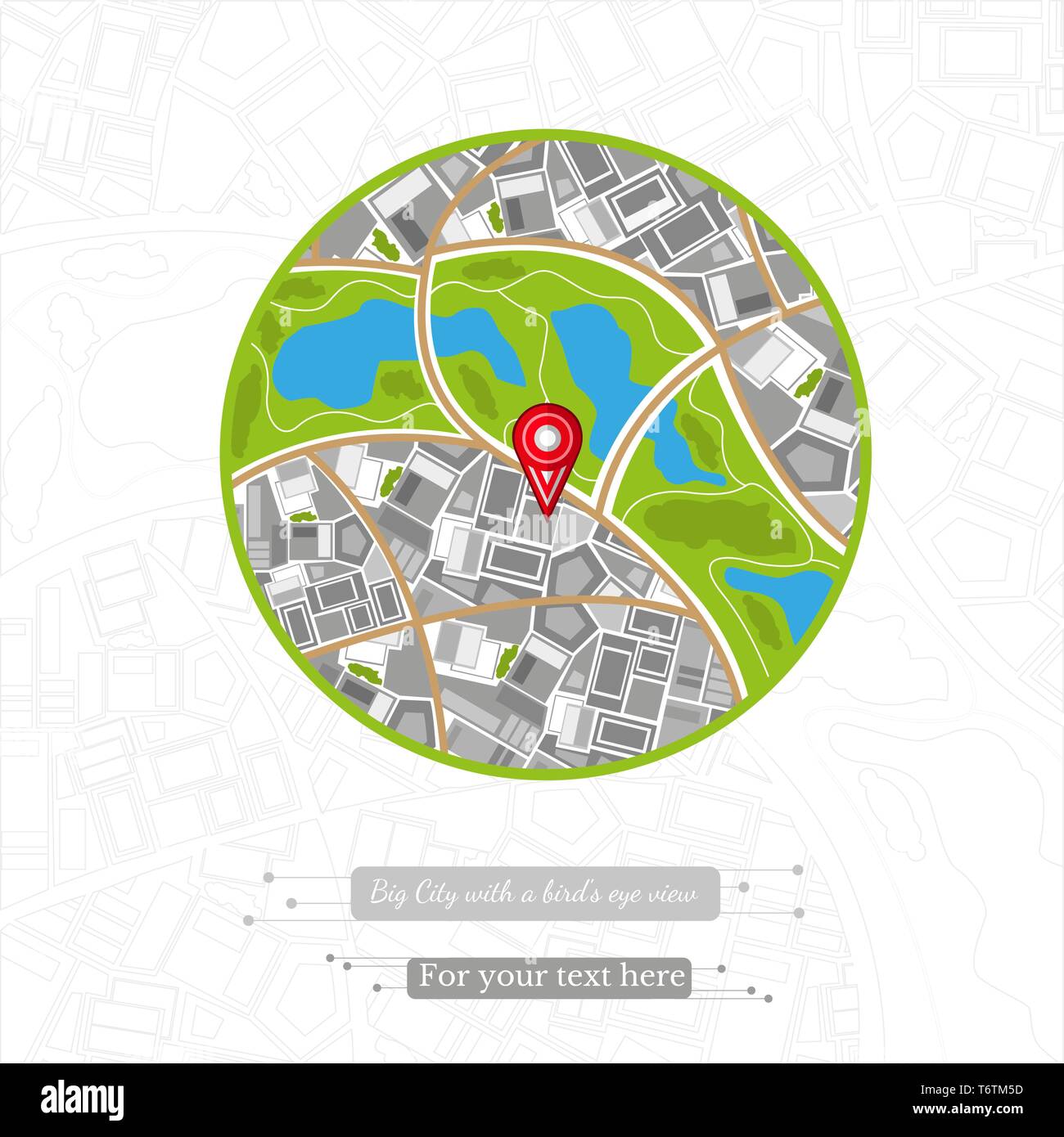 flat background vector map with circle town top view with pins and ...