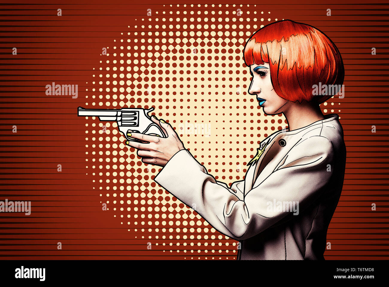 Portrait of young woman in comic pop art make-up style. Female with gun ...
