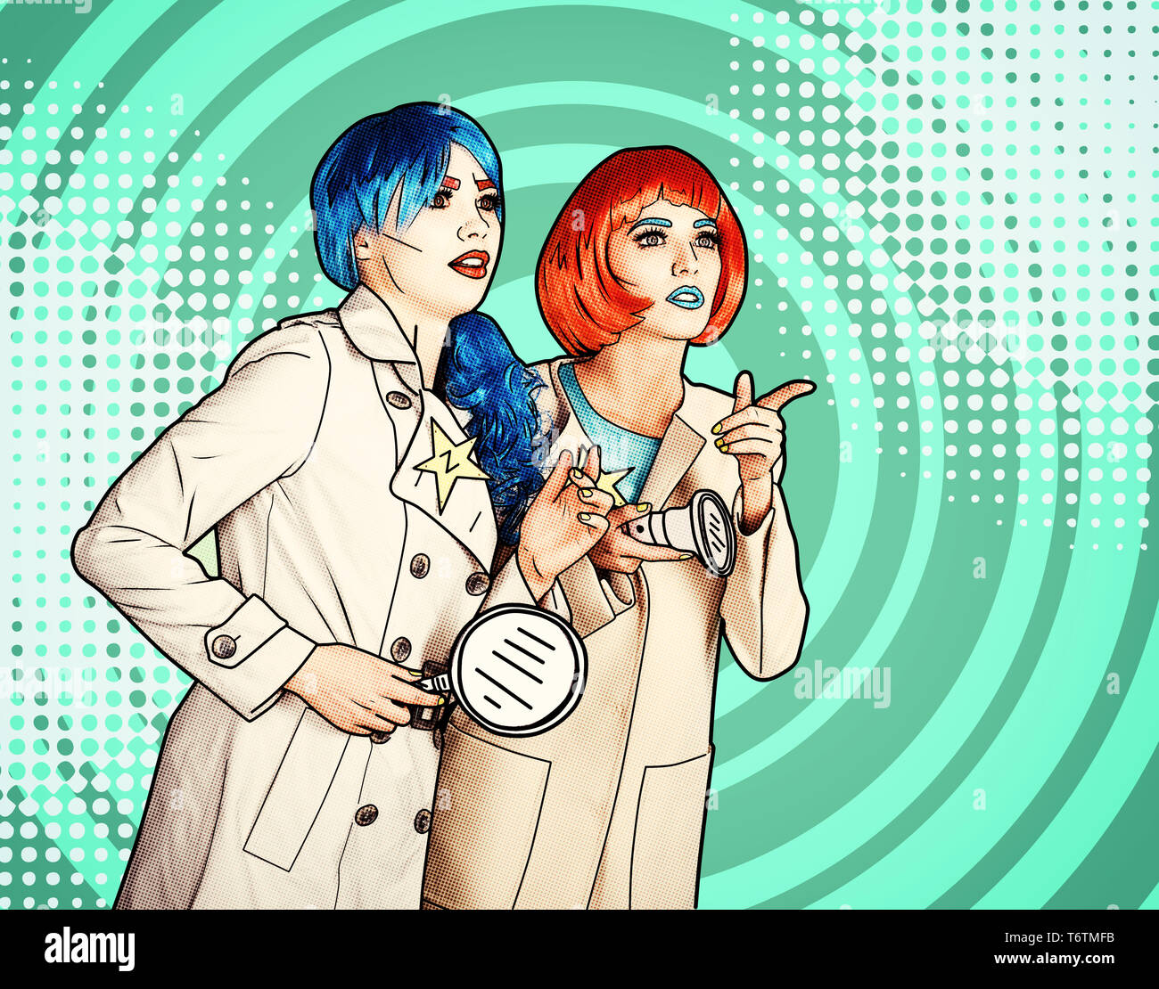 Female detectives investigate a crime. Young women in comic pop art ...