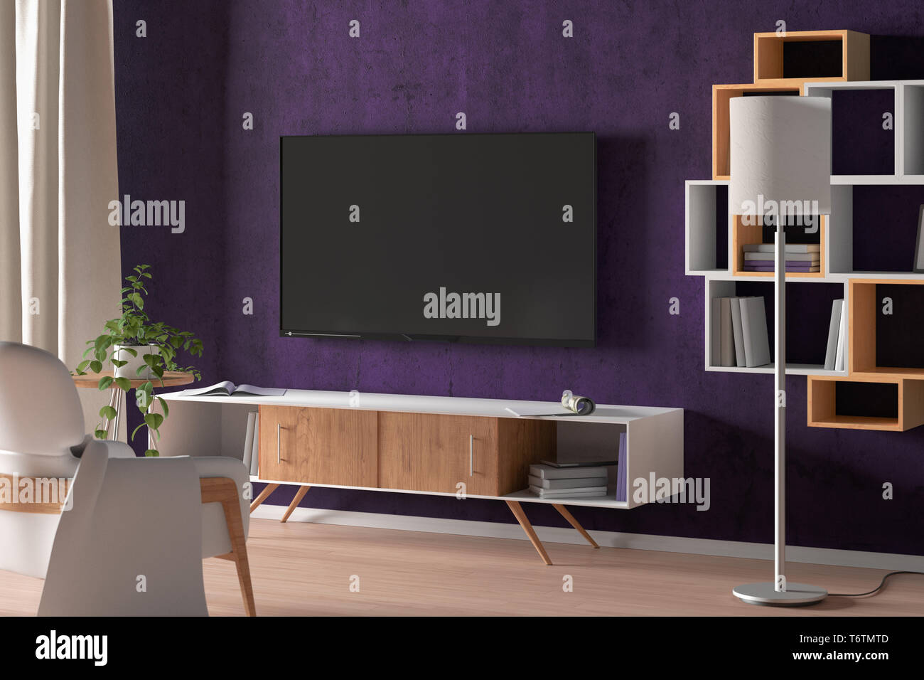 TV screen on the purple wall in modern living room. 3d illustration ...