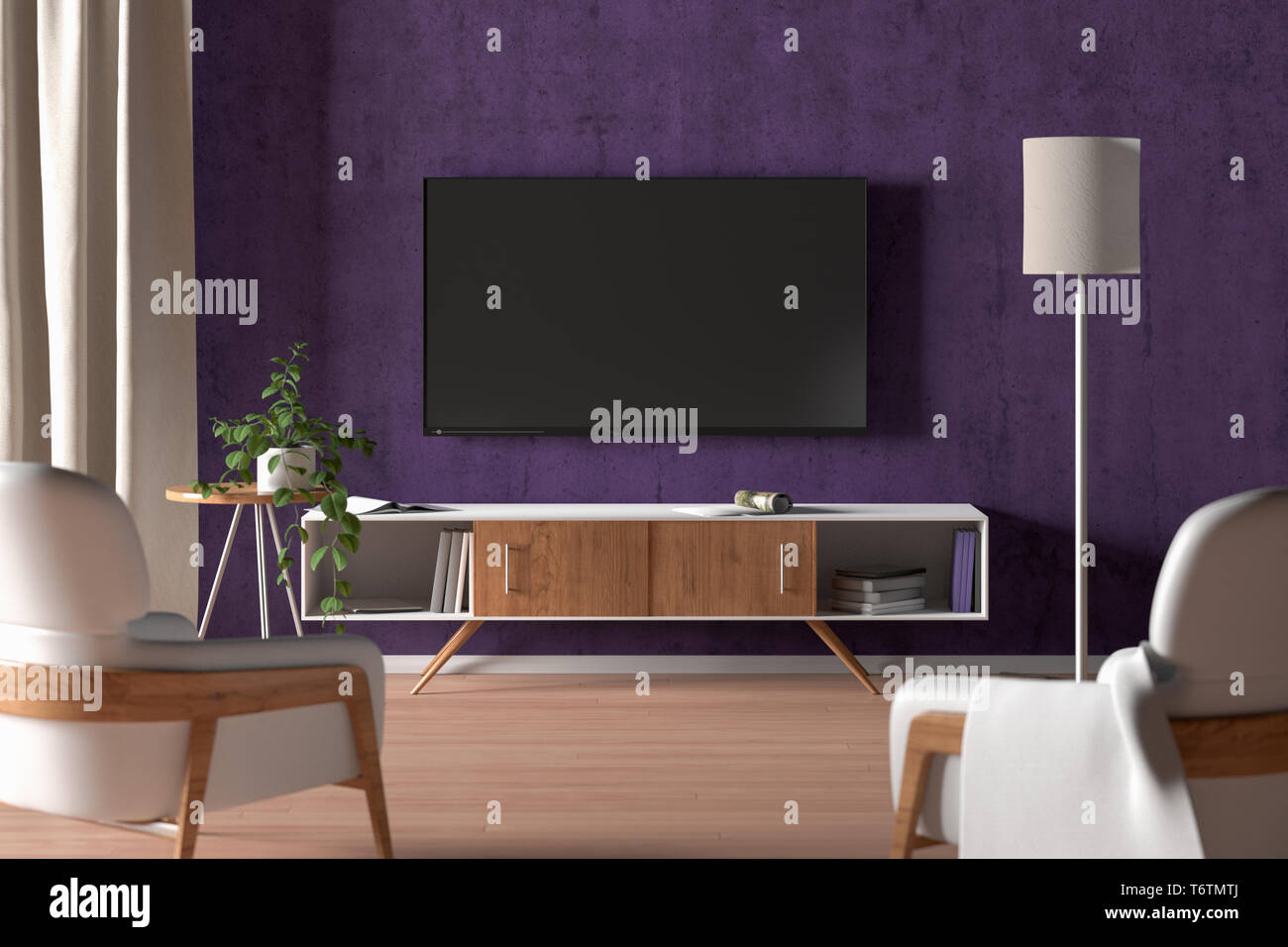 TV screen on the purple wall in modern living room Stock Photo - Alamy