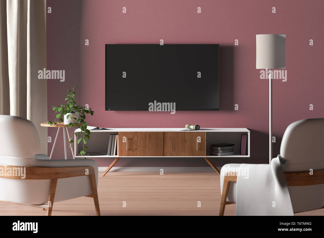TV screen on the red wall in modern living room Stock Photo - Alamy