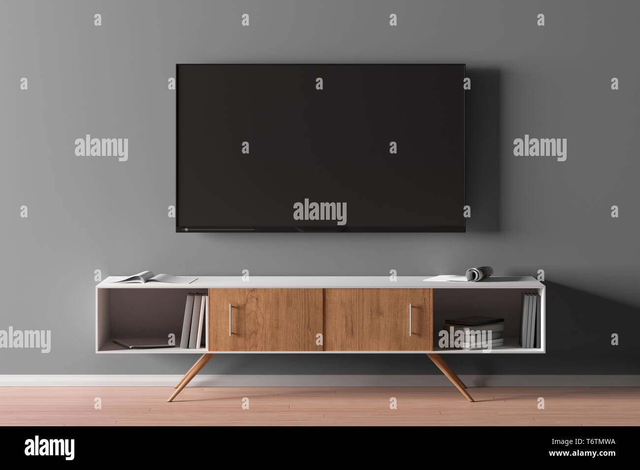 TV screen on the gray wall in modern living room Stock Photo - Alamy