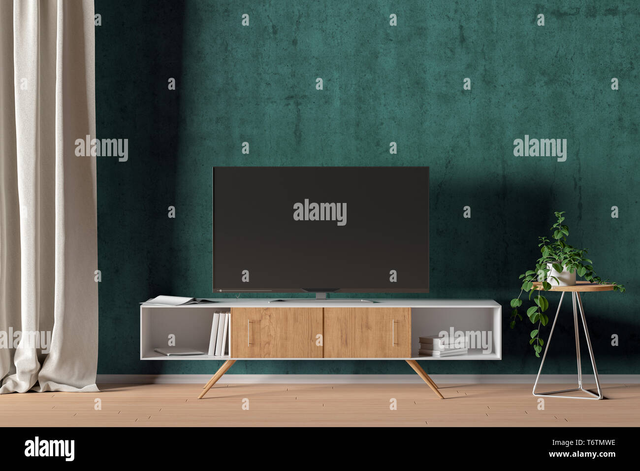 TV on the cabinet in modern living room on turquoise wall background ...