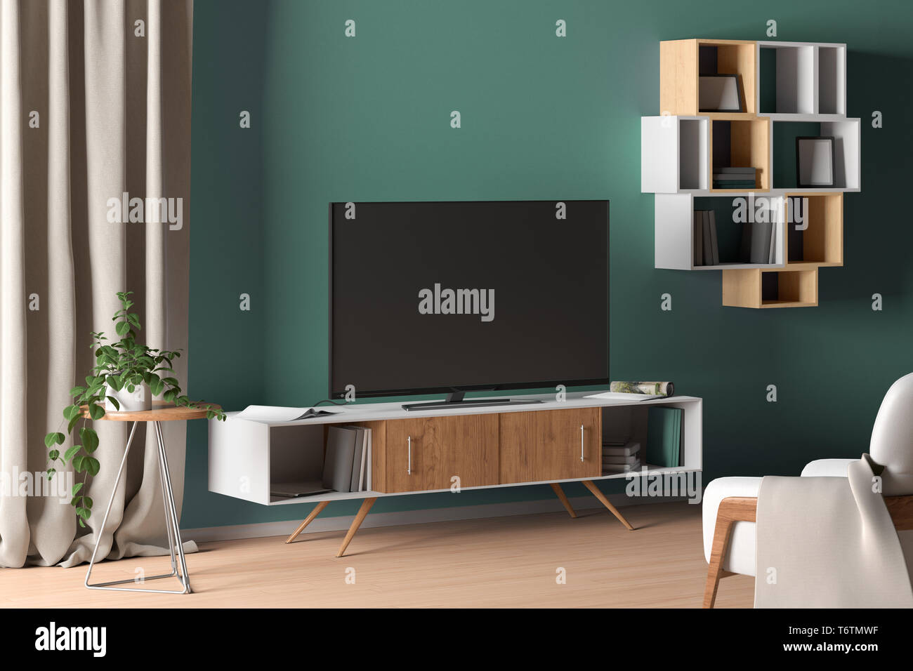 TV on the cabinet in modern living room on turquoise wall background ...