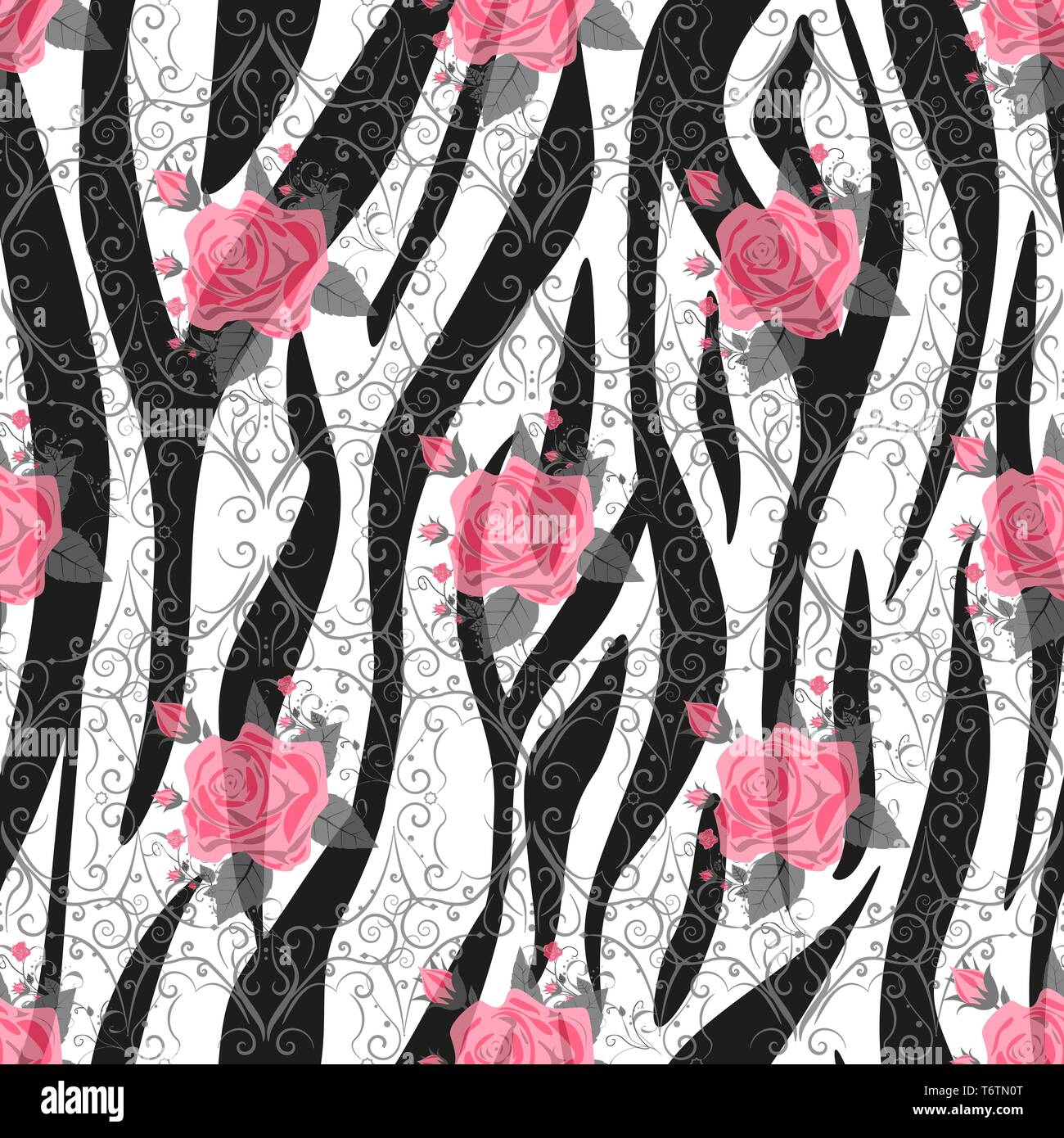 Zebra Stripes with red rose Flowers Seamless Pattern. Zebra print ...