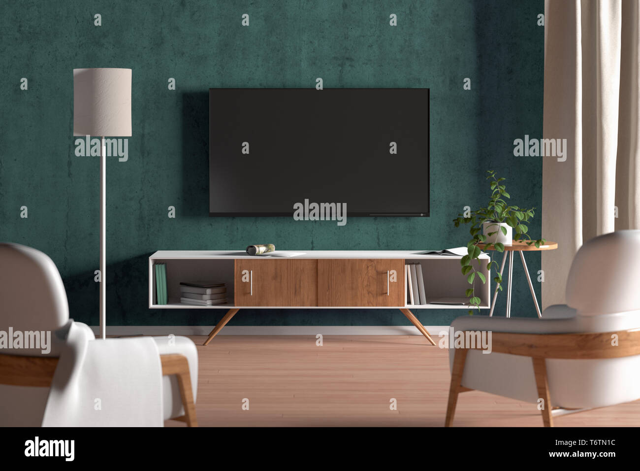 TV screen on the turquoise wall in modern living room Stock Photo - Alamy