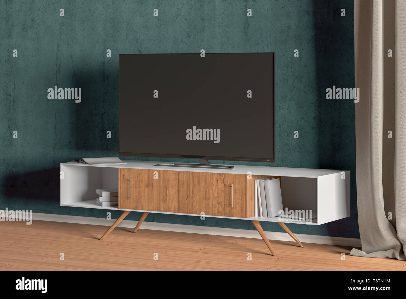 TV on the cabinet in modern living room on turquoise wall background ...