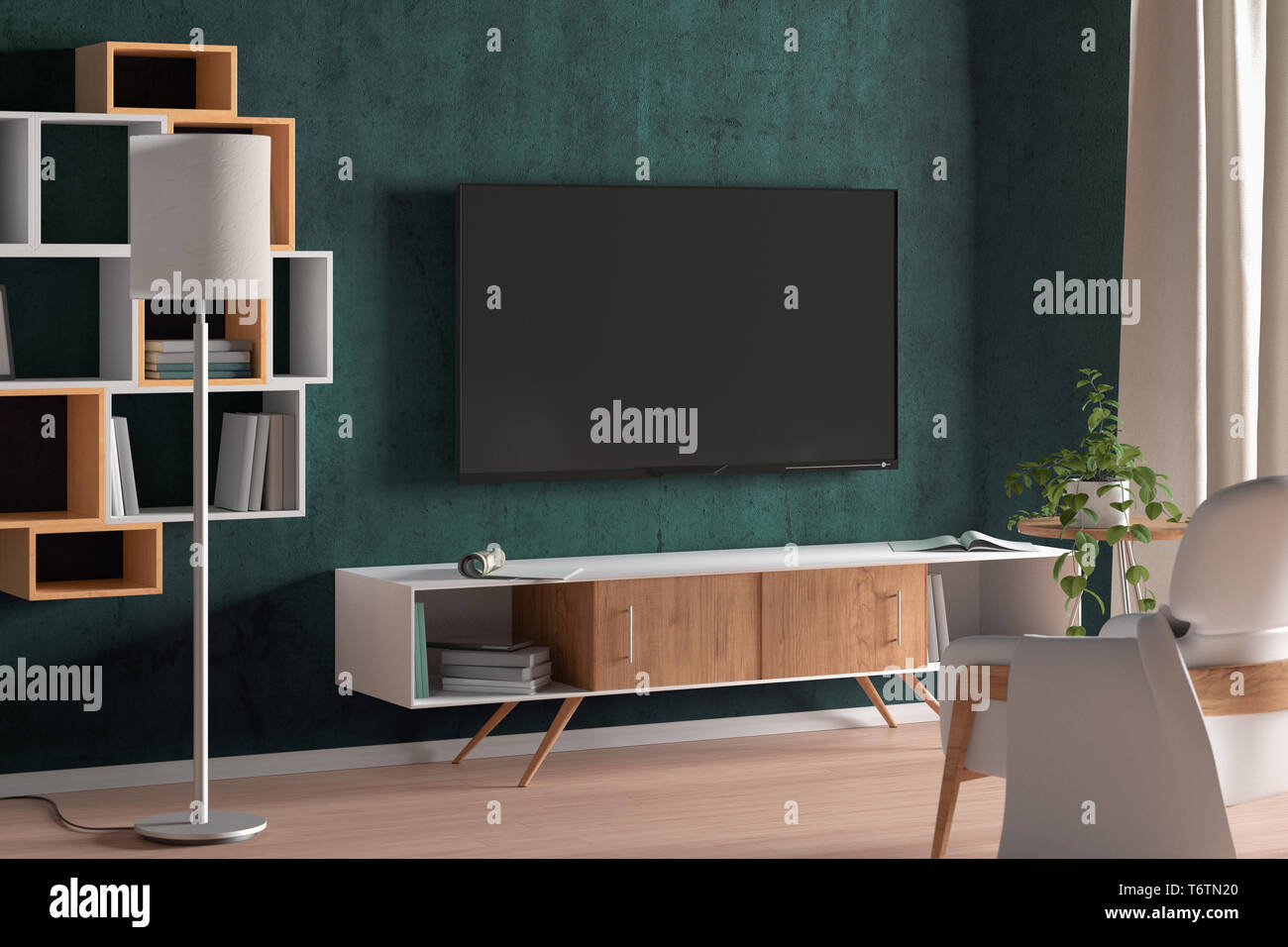 TV screen on the turquoise wall in modern living room Stock Photo - Alamy