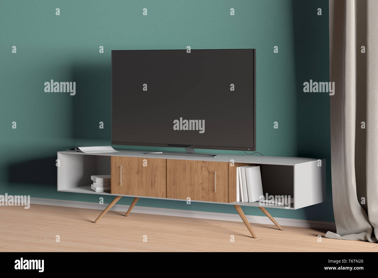 TV on the cabinet in modern living room on turquoise wall background ...