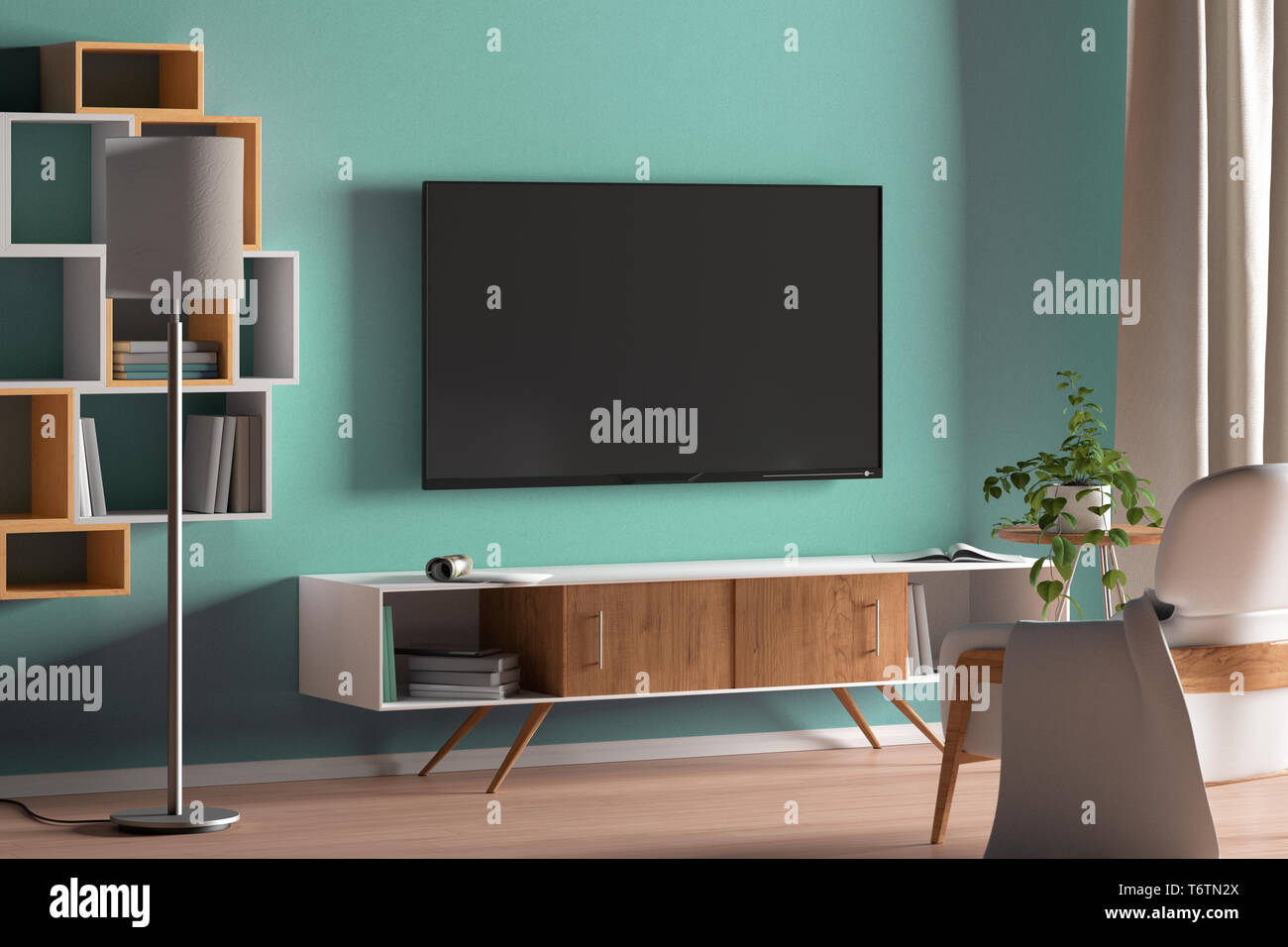 TV screen on the turquoise wall in modern living room Stock Photo - Alamy
