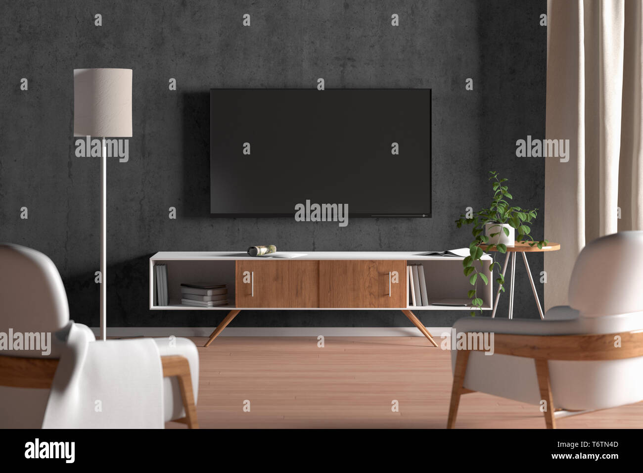 TV screen on the gray wall in modern living room Stock Photo - Alamy