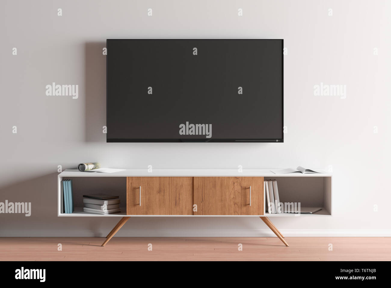 TV screen on the white wall in modern living room Stock Photo - Alamy