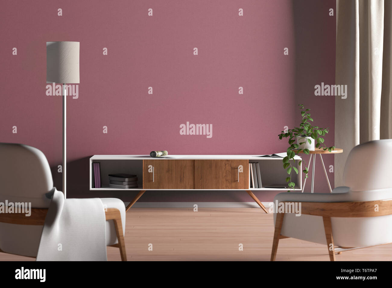 TV cabinet in modern living room with blank red wall background Stock ...